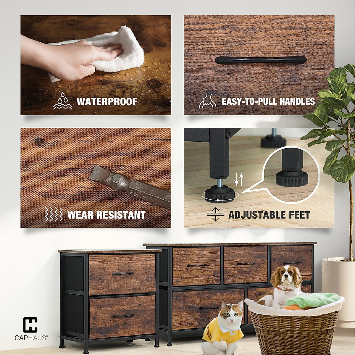 CAPHAUS Drawer Storage Tower w/ 10 Fabric Bins, Laundry Storage, Sorting Unit, Chest of Drawers, Organizer w/ P2 Board Top & Fabric Bins, Organizer Unit for Multi-purpose, Hallway, Office, Rustic Oak
