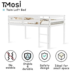 Tmosi Low Loft Bed Twin,Solid Wood Kids Twin Bed Frame with Ladders and Guard Rails,Space Saving Twin Size Loft Bed for Girl Boy,No Box Spring Needed,Easy to Assembly (Built-in Ladder-White)