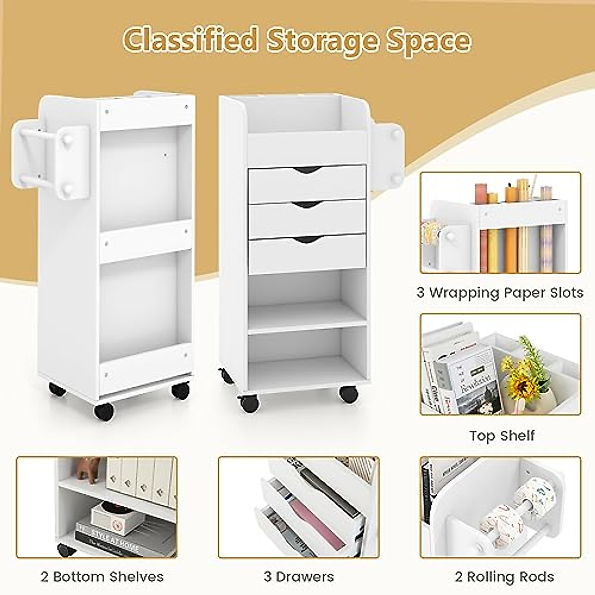 Giantex Craft Storage Cart - Utility Organizer Cart with 3 Drawers, 3 Shelves, 3 Slotted Compartments, 2 Rolling Rods, Crafting Sewing Cabinet on Wheels for Wrapping Paper Scrapbook Ribbon (White)