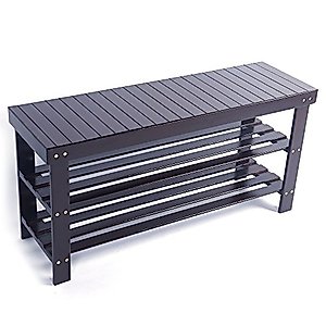 Karl home 3-Tier Bamboo Shoe Rack Bench, Entryway Shoes Storage Shelf Organizer Holds 550 LBS, Shoes Change Benches for Front Door Bathroom Hallway Bedroom Living Room 35.4 x 11 x 17.7 Inches Coffee