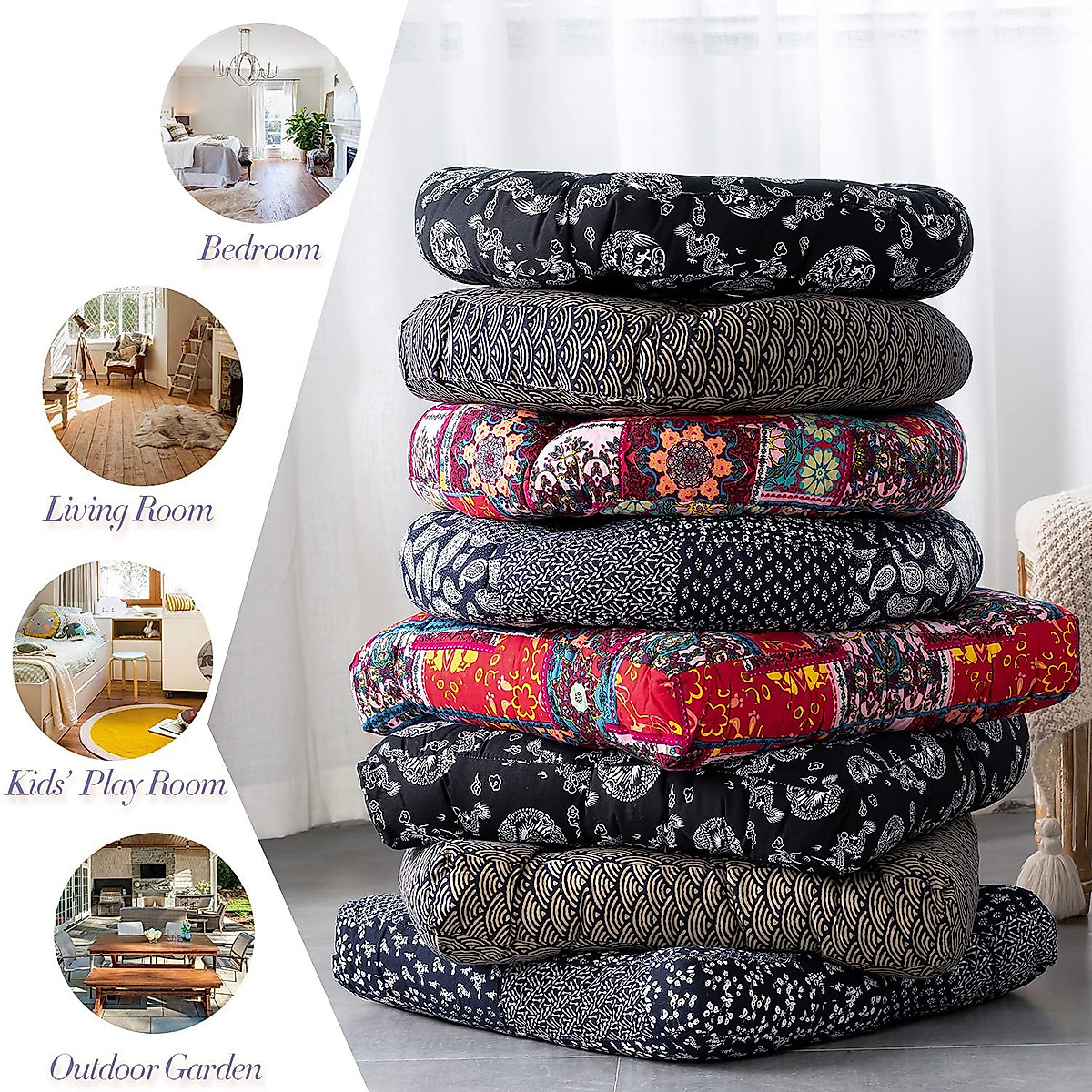 HIGOGOGO Boho Floor Pillow, Dragon Pattern Meditation Pillow Square Seat Cushion Yoga Cushion India Seating Pad for Living Room Bedroom Balcony Garden Party Decoration, Navy, 22x22 Inch