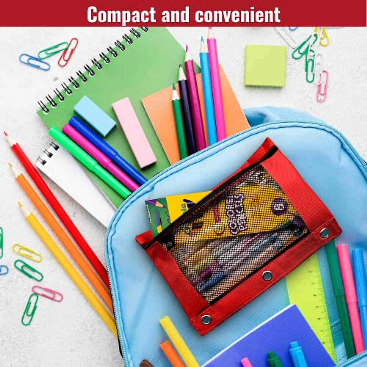 SCHOOLIO Pencil Pouch for 3 Ring Binder | Special Pencil Case Colored Red for Kids and Adults | Zipper Pencil Pouch Pen and Pencil Holder Multipurpose Binder Pouch