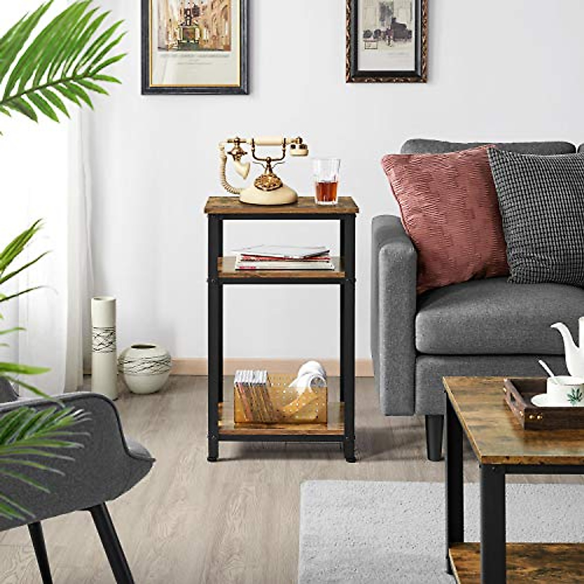 Yaheetech Tall End Table, 30 Inches High Side Table with Wooden Shelves & Strong Metal Frame, Large 3-Tier Telephone Table for Living Room Small Space, Rustic Brown