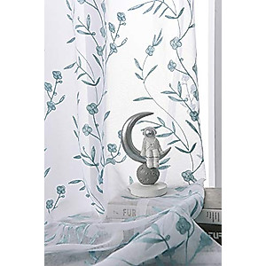 Sheer Curtains Floral Embroidery Blue 84 Inch Long Rod Pocket Lace Drapes for Living room, Bedroom, 2 Panels, 52"x84", Semi Voile Pattern Outdoor Window Treatment Sets for Yard, Patio, Villa, Parlor.