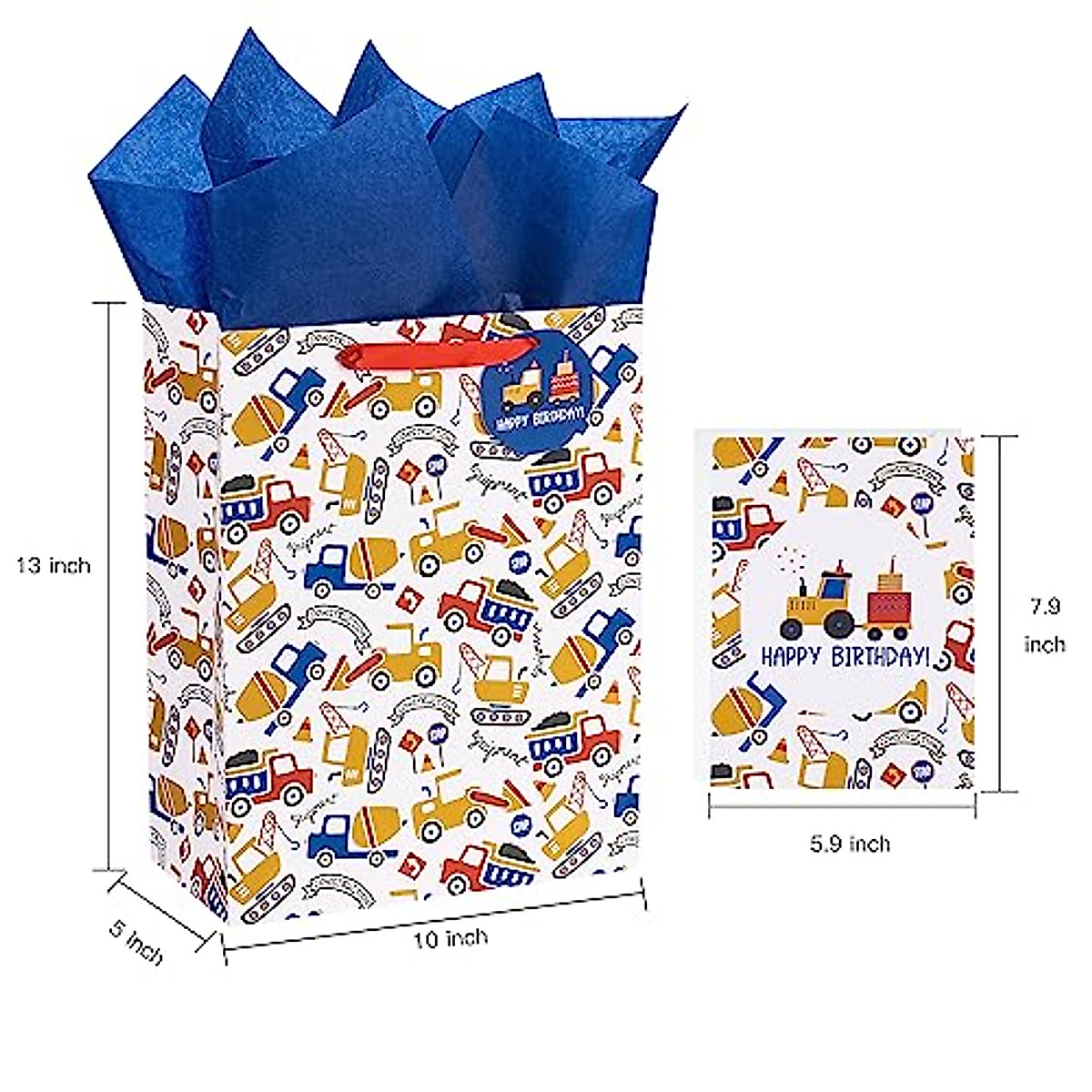 WRAPAHOLIC 13" Large Birthday Gift Bags with Card and Tissue Paper - Car Design for Kids Birthday, Gift Wrap