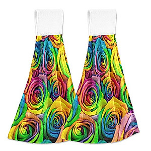 YYZZH Colorful Floral Print Rainbow Rose Flower Valentines Day Kitchen Hand Towels with Hook & Loop Set of 2 Absorbent Bath Hand Towel Hanging Tie Towel