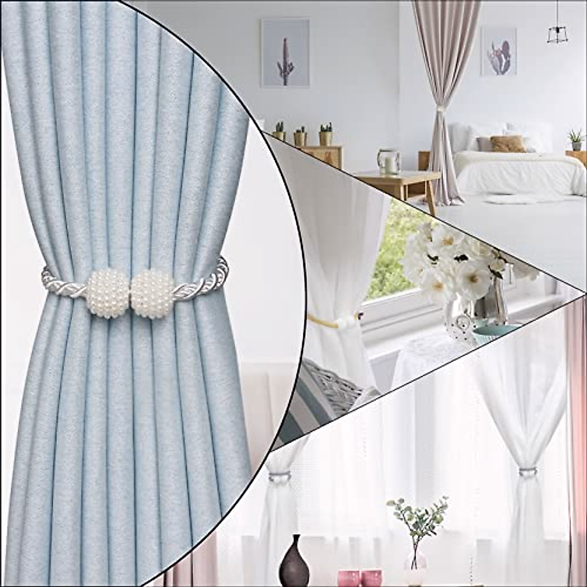 Nieffeiy Magnetic Curtain Tiebacks Convenient Curtains Drape Ties Backs Weave Rope Curtain Holdbacks for Outdoor Window Draperies (Silver, 4)