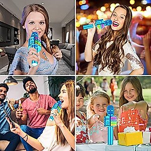 BONAOK Wireless Bluetooth Karaoke Microphone for Kids, Portable Handheld Singing Mic Speaker MP3 Player with Controllable LED Lights, Party for Adults Girls Boys Teens Q37L (Blue)