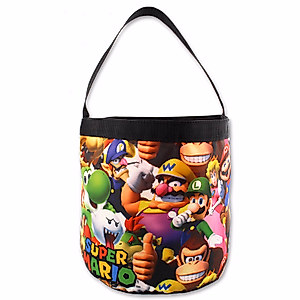 Super Mario Brothers Collapsible Nylon Gift Basket Bucket Tote Bag (One Size, Black/Multi)