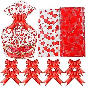 MIAHART 20 Pieces Mother's Day Valentine Large Basket Bags with 20 Pieces Bows Ribbon 23 x 35 Inches Cellophane Bags Heart Printed Cellophane Wrap for Baskets, Weddings, Bridal or Baby Showers