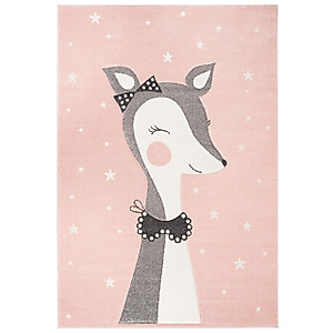 SAFAVIEH Carousel Kids Collection Accent Rug - 4' x 6', Pink & Ivory, Doe Design, Non-Shedding & Easy Care, Ideal for High Traffic Areas for Boys & Girls in Playroom, Nursery, Bedroom (CRK191P)