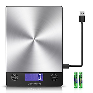 CROWNFUL Food Scale, Rechargeable 304 Stainless Steel Digital Kitchen Scale Upto 33lb Weight Grams and Ounces with LCD Display and Type-C Charging for Baking and Cooking