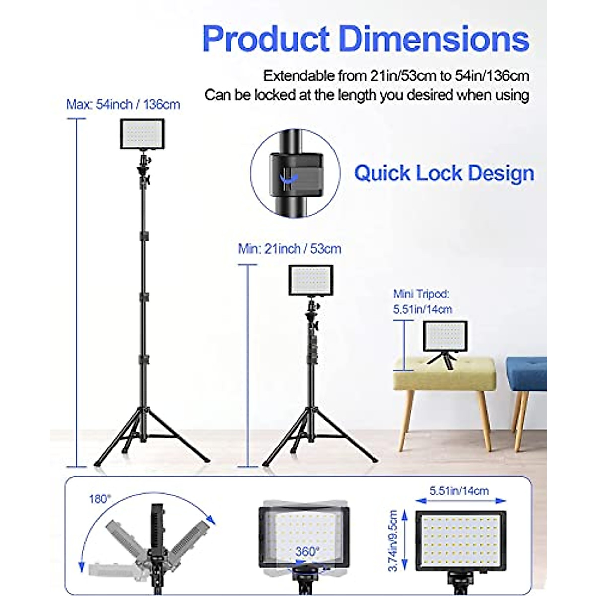 EMART LED Video Light | Dimmable, 4 Filters & Tripod for Studio