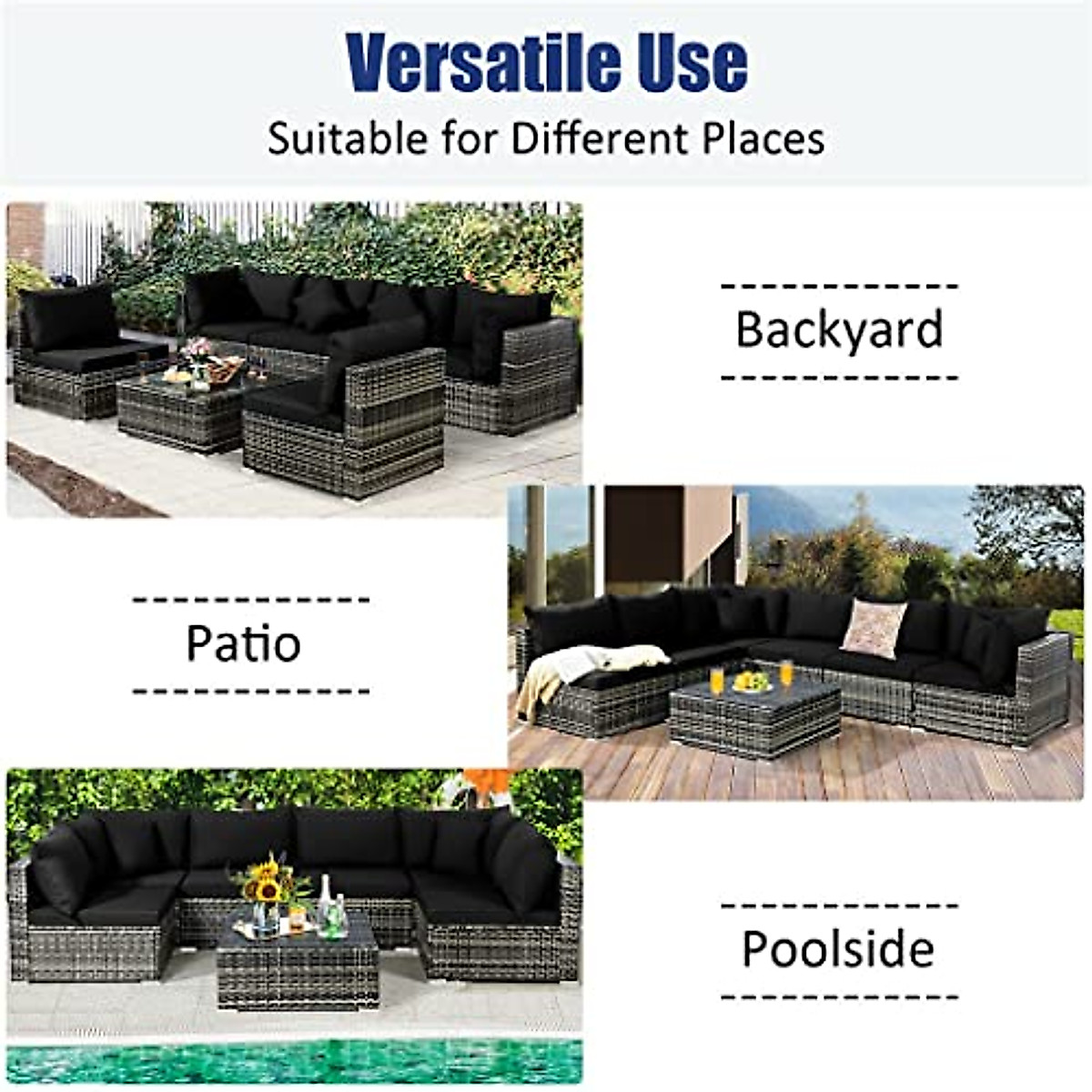 SLNFXC 7PCS Patio Rattan Furniture Set Sectional Sofa Garden Black Cushion Corner Sofas and Single Sofas