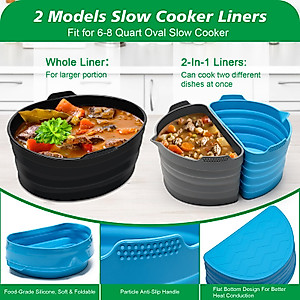 6 Pack Silicone Cooker Liners Set, Slow Cooker Pot Liner for 6-8QT Crock Pot, Contain 1 PCS Integrated Pot Mat, 2 PCS Divider Liners, 1 PCS Plastic Utensil Cradle, 2 PCS Silicone Hand-Clips