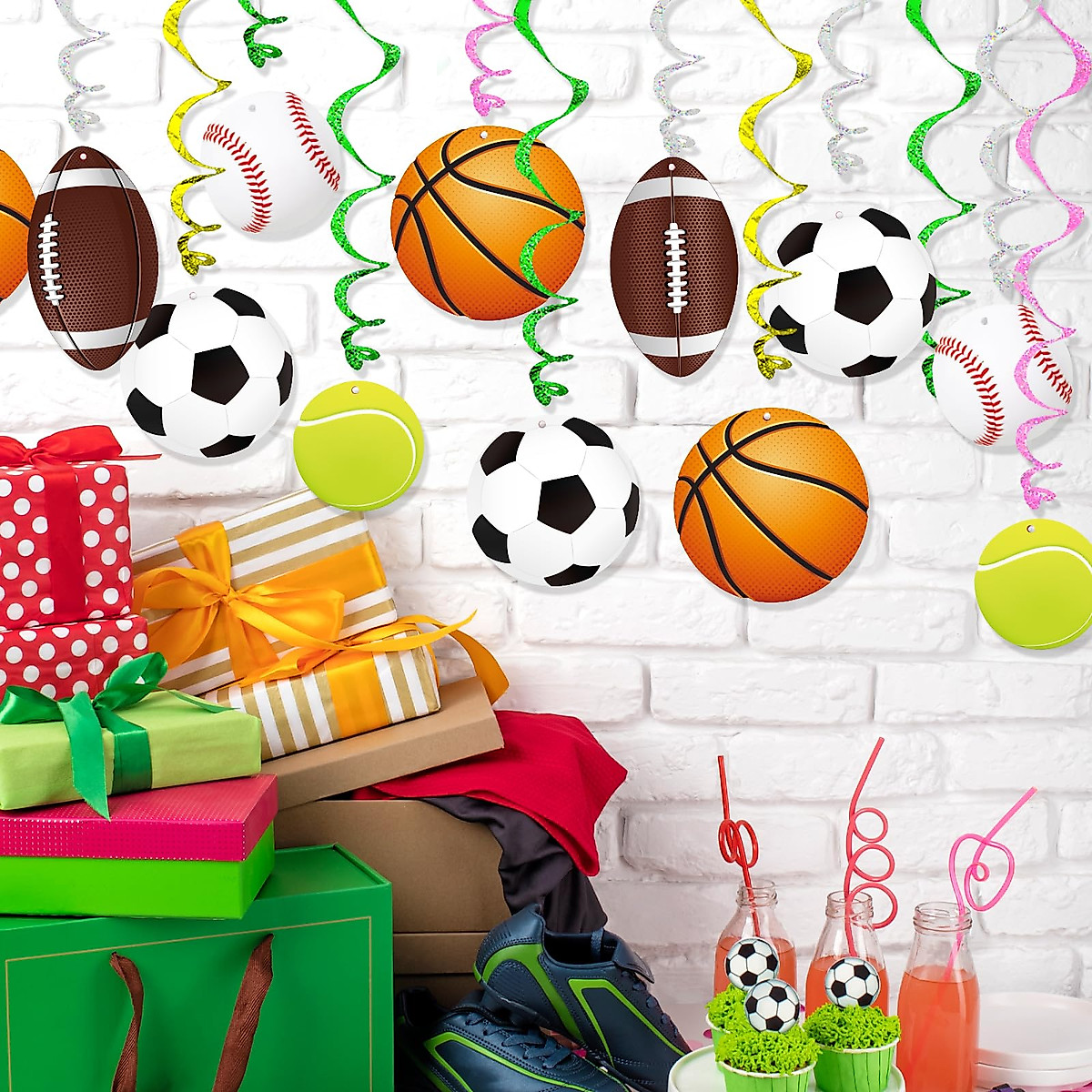 MoShining Sports Hanging Swirls Banner Decor 60 Pieces Foil Ceiling Hanging Swirls Streams Banner Decorations Garland for Kids Sport Celebrating Events Birthday Party Supplies Room Wall Decor