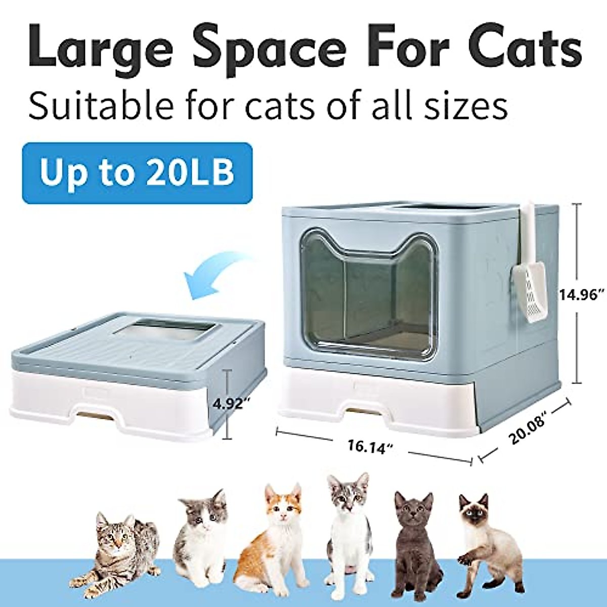 Homagico Foldable Cat Litter Box, Extra Large Front Entry Top Exit Litter Box with Lid, Drawer Type Enclosed Kitty Litter Box with Litter Scoop, Anti-Splashing Cat Toilet Easy Cleaning （Blue）