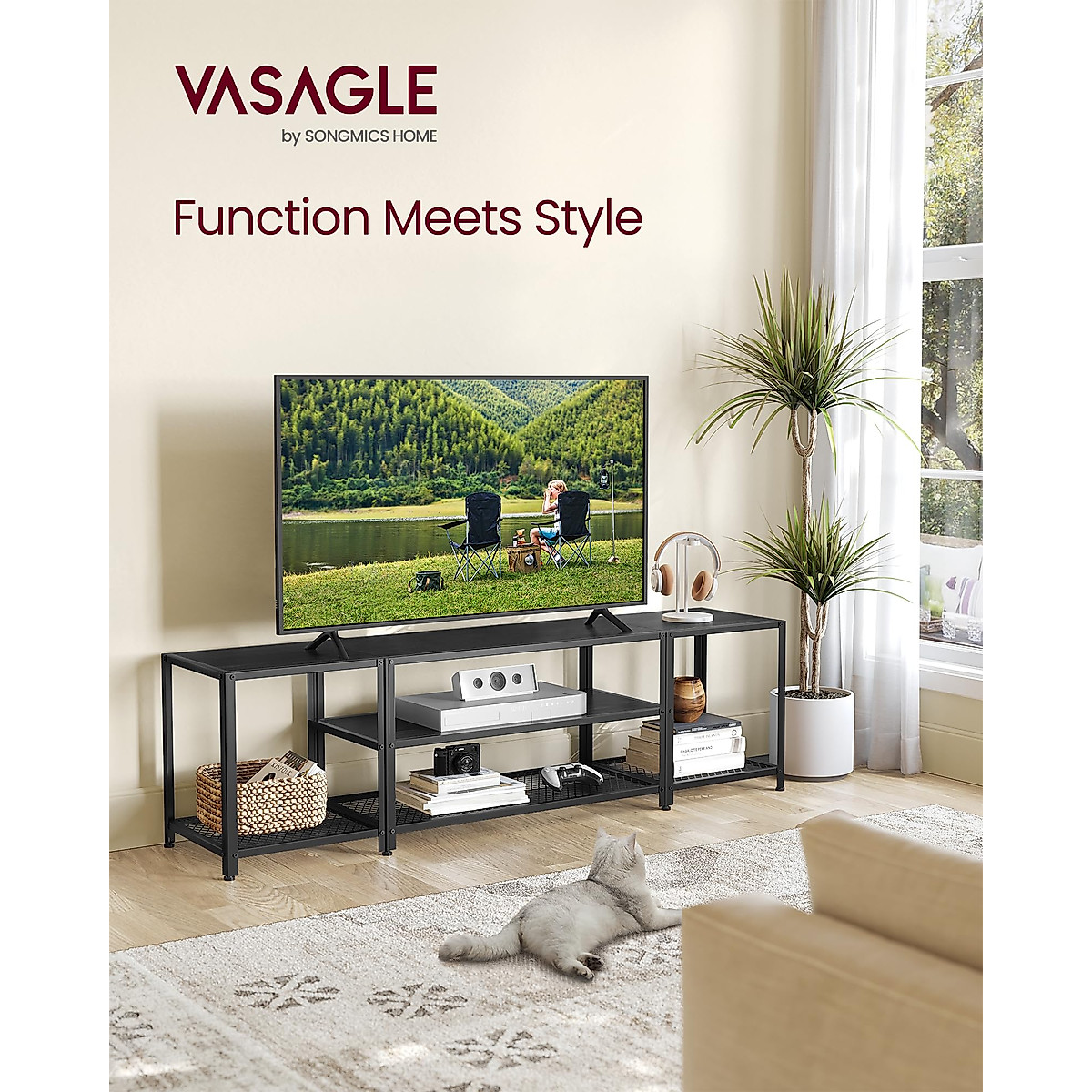 VASAGLE Modern TV Stand for TVs up to 75 Inches, 3-Tier Entertainment Center, Industrial TV Console Table with Open Storage Shelves, for Living Room, Bedroom, Black with Wood Grain ULTV098B22