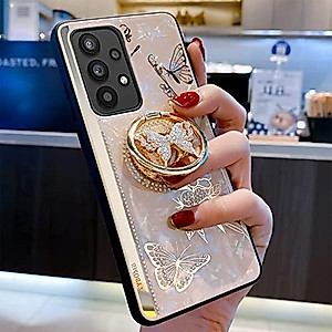 Topwin Galaxy A13 5G Kickstand Case, Cute Marble Conch Shell Floral Butterfly with Ring Stand Mirror Elegant Shockproof Protective Cover for Girls Women for Samsung A13 5G (Rose Gold)