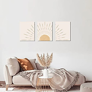 Boho Wall Art Set of 3, Framed Canvas Wall Art Yellow Sun Rising on the Horizon Geometric Nature Illustrations Line Art Wall, Mid-Century Modern Prints Boho Sun Wall Decor for Living Room, Bedroom, Bathroom, Office, 12"x16" Natural