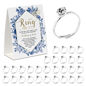 Put A Ring on It Game(50 Rings with One Sign), Don't Say Wedding or Bride Game, Fun Bridal Shower Game, Bridal Shower Decorations Geometric Frame Blue Floral-JZDS06