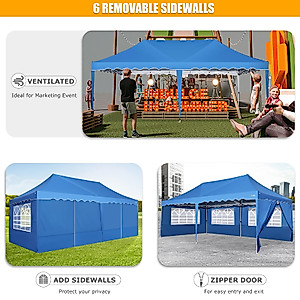 HOTEEL 10x20 Canopy Pop up Canopy with 6 Sidewalls, Easy Setup Canopy Tent Waterproof Tents for Parties with Wheeled Bag, 4 Weight Bag, UV50+ Outdoor Event Tent Vendor Tent, High Roof, Metal Leg, Blue