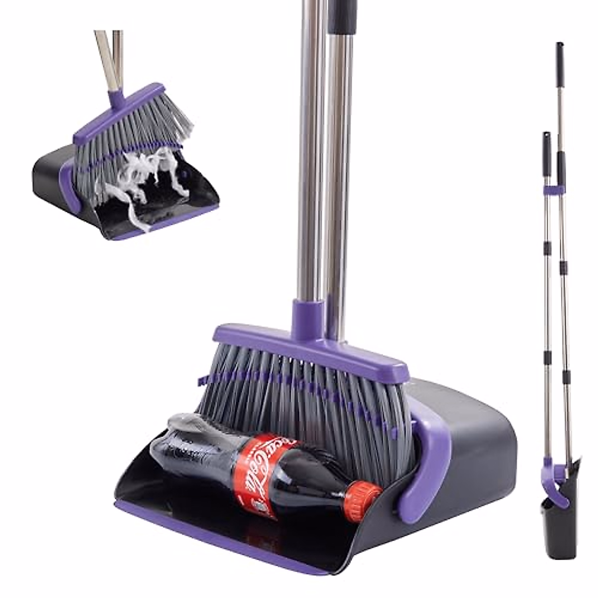 COUPLEP Broom and Dustpan Combo Set for Home Super Long Handle, Upright Standing Dustpan for Home Room Kitchen Office Lobby Outdoor Floor Use (Purple & Black)