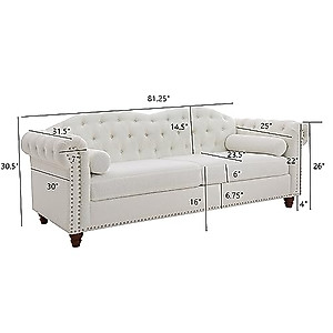kevinplus 81'' Chesterfield Sofa Couch for Living Room, Modern Classic 3-Seat Upholstered Tufted Rolled Arm Fabric Sofa Couch for Apartment Bedroom Office, Solid Wood Leg, White