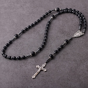 HanlinCC 6mm Black Glass Beads with 4mm Hematite Black Stone Beads Rosary Necklace with Miraculous Center piece and Crucifix pack in Velvet Gift Bag for Men and Women