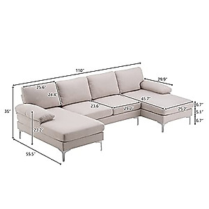 110”W U-Shaped Fabric Sectional Sofa with 2 Chaise Lounge Iron Feet 4-Seat Indoor Modular Sofa (Beige)