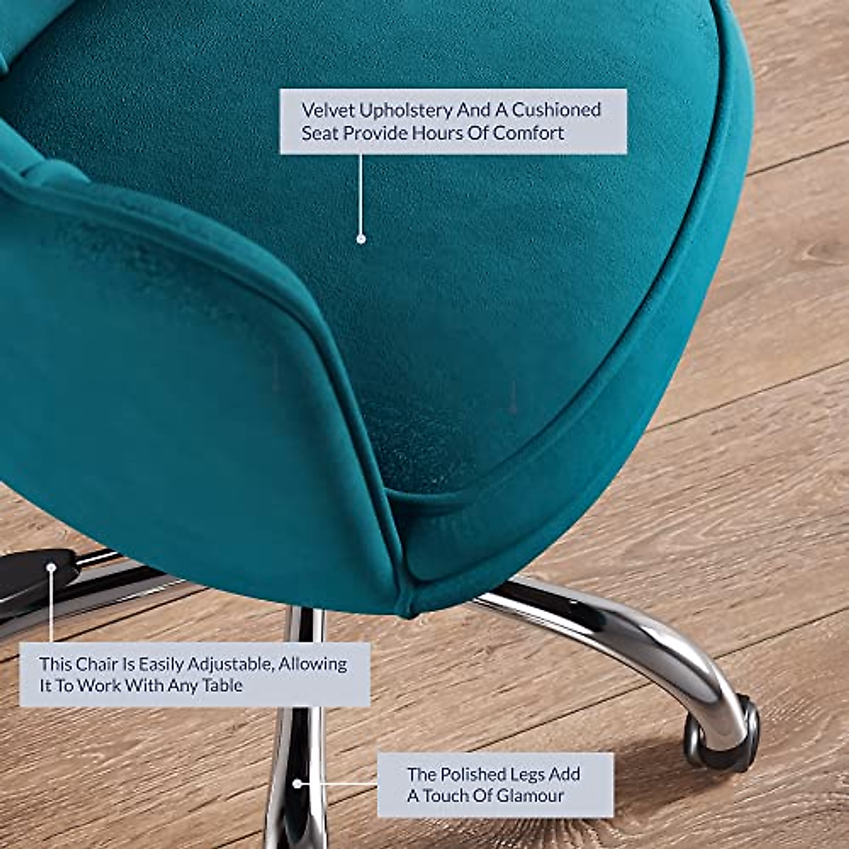 BELLEZE Upholstered Velvet Seashell Accent Chair, Rolling Swivel Office Vanity Unique Cute Decorative, Armless Stylish Comfy, Adjustable Height - Kaylee (Green)