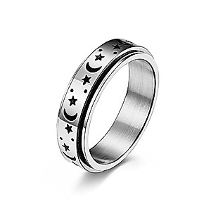 WLPCIV Stainless Steel Spinner Ring for Women Men Fidget Bands Anxiety Rings Relieving Stress Moon Star Engagement Wedding Promise Band Rings, Silver Size 6