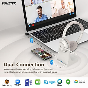 Wireless Headset, QCC 5.2 Bluetooth Headset with CVC 8.0 Dual Mic Noise Canceling & Charging Dock, 45 Hrs Wireless Headphones with USB Dongle for Computer Cell Phone Office Work Teams Meetings