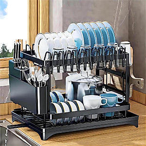 FOXMIND Dish Drying Rack,Space-Saving 2-Tier Dish Drying Rack Kitchen with Drainboard,Rustproof Kitchen Desktop Organizer with Utensil Holder & Cup Holder for Kitchen Counter,11.4''W x 16.5''L,Black