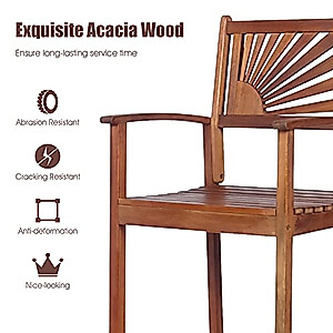 COSTWAY Bar Stools Set of 2, Outdoor Acacia Wood Bar Chairs with Sunflower Backrest, Curved Armrests & Breathable Seat, Ideal for Balcony, Sunroom, Patio, Easy Assembly (1)