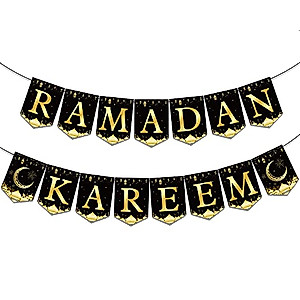 Ramadan Mubarak Banner Party Decorations Black Gold Moon Lantern Hanging Bunting Ramadan Kareem Hanging Banner Party Supply for Home Wall Window Door Fireplace Mantle Ramadan EID Party Favor