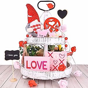 CAKKA Valentines Day Tiered Tray Decor, 11 PCS Red Gnome Pink XO Love Wooden Sign Writing Board Bead Rose Light, Valentine's Day Table Decor Ornament for The Home, Valentines Day Decor Decoration