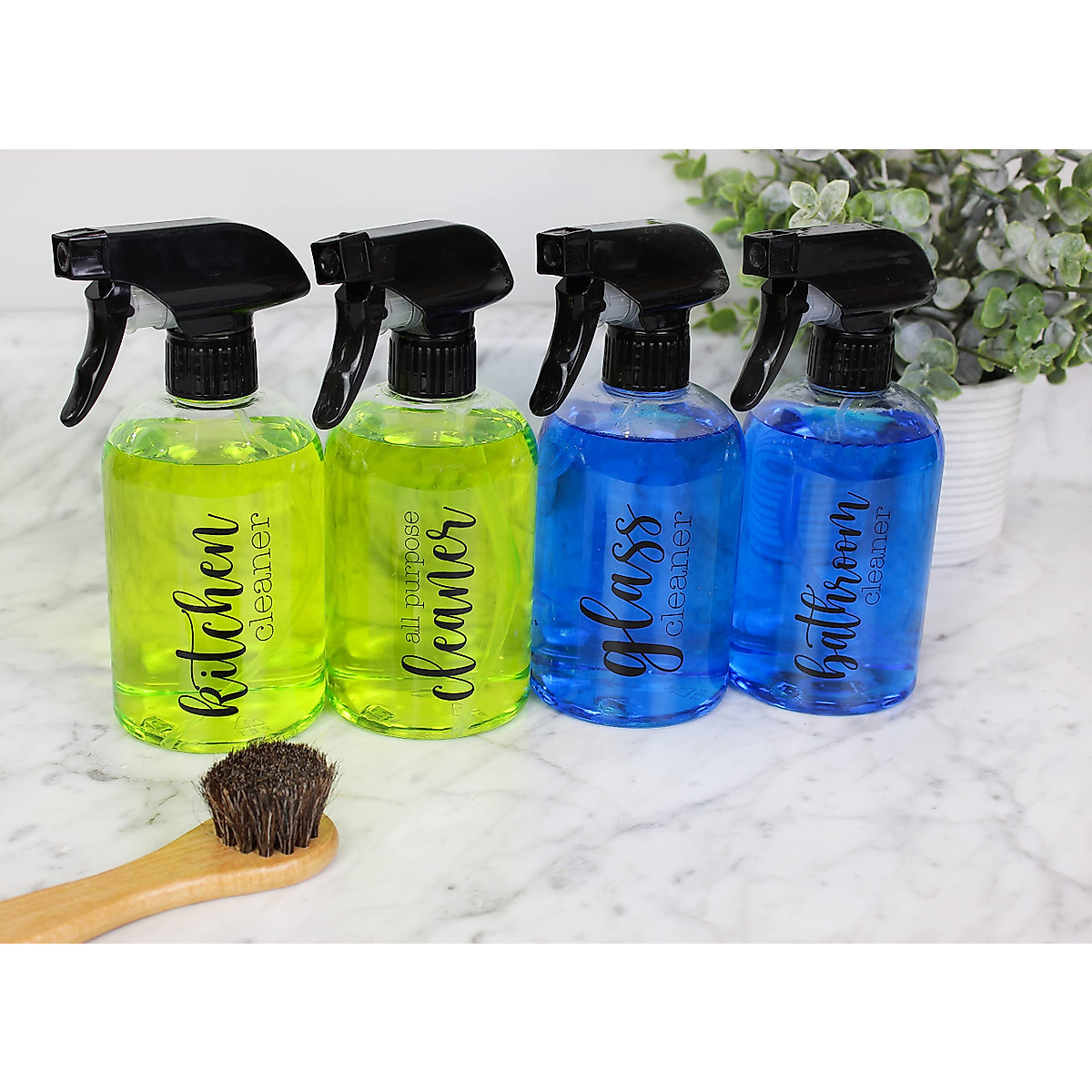 Cornucopia Plastic Cleaning Spray Bottles with Labels (Set of 4); 16oz Refillable Trigger Sprayers w/ 3 Settings and Farmhouse Script Labels