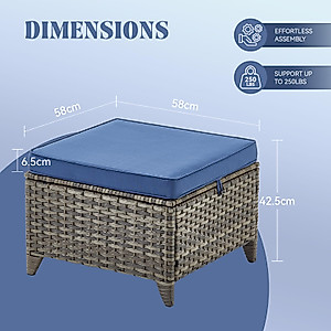 Bellefurn Patio Furniture Set 2 Swivel Glider Patio Chairs 2 Rattan Ottomans with Wicker Side Table 5pcs Grey Wicker Blue Cushions Patio Conversation Set for Garden Balcony Sunroom Backyard