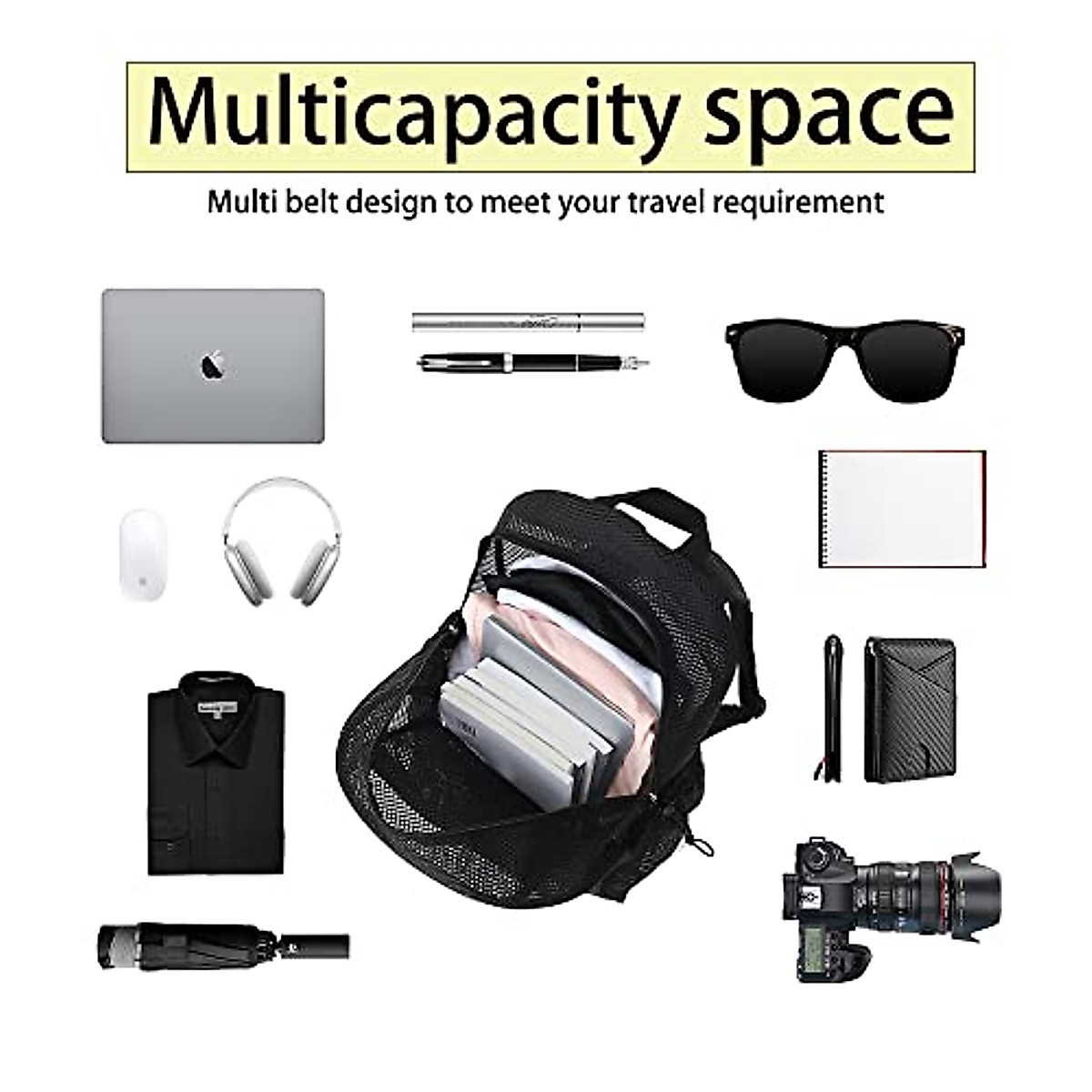 UEASE Mesh Backpack Heavy Duty for School, 24L Large Mesh Bookbag for Adults, See Through Black Mesh School Bag Lightweight with Comfort Padded Straps for Work Swimming Beach Fitness Sport (Medium)