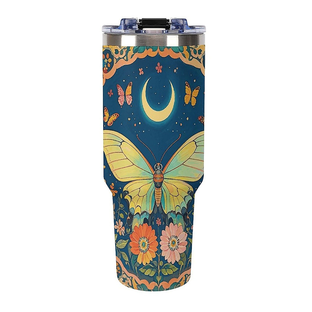FZQVSGW Butterfly Flower Tapestry 40 Oz Tumbler with Handle And Straw Stainless Steel Vacuum Insulated Tumblers Reusable Keep Drinks Cold Coffee Cup Holder Friendly Gifts for Women Men Car Gym Travel