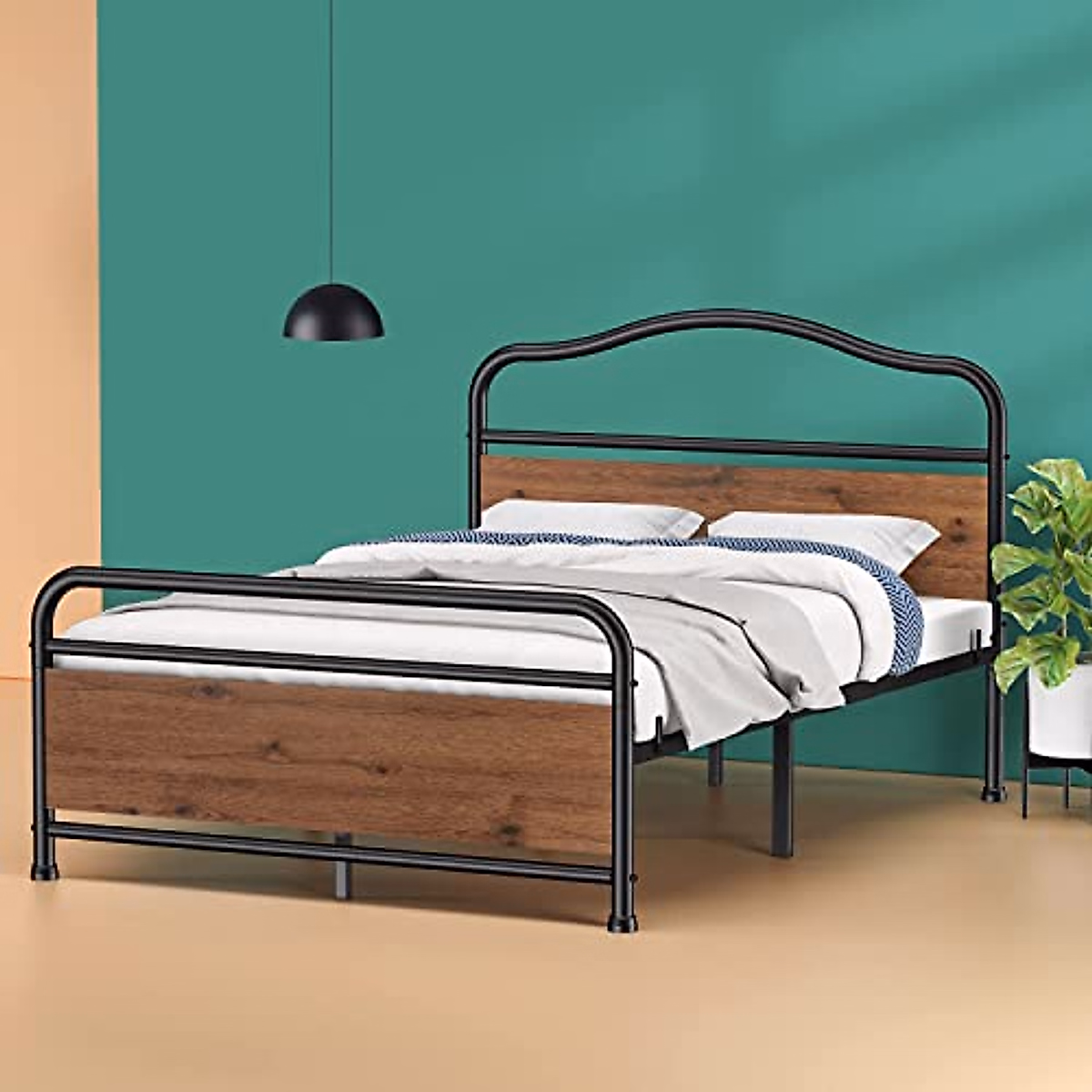 Totnz Queen Size Metal Platform Bed Frame Mattress Foundation with Sturdy Wood Headboard and Footboard No Box Spring Needed Under Bed Storage Steel Slats,Black