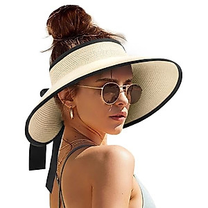 Camptrace Sun Visors for Women Wide Brim Beach Hat UPF 50+ Foldable Straw Visor Hat Ponytail Summer Packable Beige