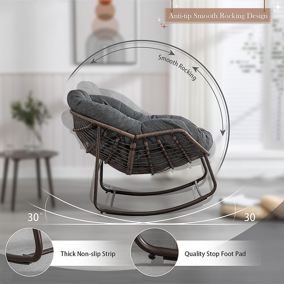 Patio Outdoor Rocking Chair Set of 2, Indoor Rattan Rocker Egg Chair, Comfy Oversized Papasan Chair with Thicker Cushion for Patio, Front Porch, Backyard, Garden, Balcony, Lounge, Living Room, Grey