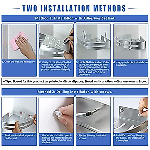 pentaQ 2 Pack Corner Shower Shelves with 8 Removable Hooks, No Drilling Adhesive Wall Mounted Aluminum Bathroom Shelf, Corner Shower Caddy Shelf Basket Shampoo Holder Organizer