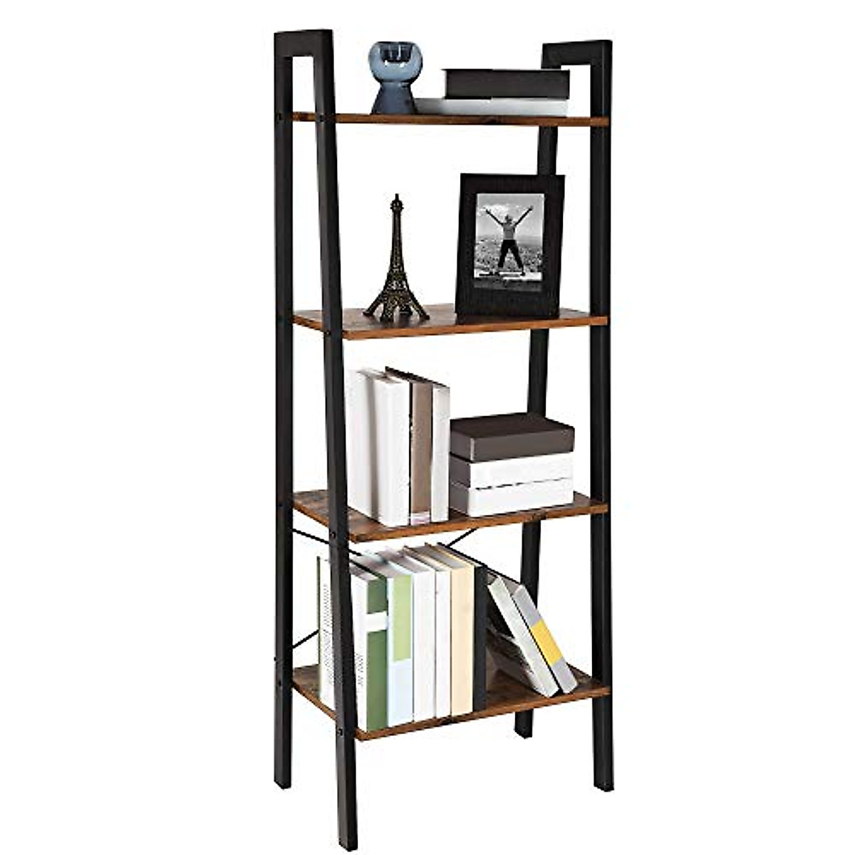 VASAGLE Computer Desk and 4-Tier Storage Shelf Bundle, 55 Inch Writing Desk with 2 Storage Shelves, Ladder Shelf with X-Bar, Steel Frame, Rustic Brown and Black ULWD55X and ULLS44X
