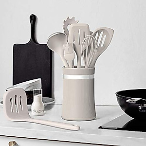 Silicone Cooking Utensil Kitchen Utensil Set, 24 Pcs Non-stick Cooking Utensils Spatula Set with Holder by AIKKIL, Heat Resistant Kitchen Gadgets Tools Set for Cookware(Khaki) Roll over image to zoom