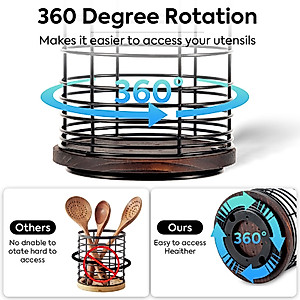 360°Rotating Utensil Holder for Kitchen Counter-6.5" Metal & Wooden Large Cooking Utensil Holder with Drainage Hole，Kitchen Utensil Storage Organizer for Countertops，Spatula Holder for Farmhouse Decor