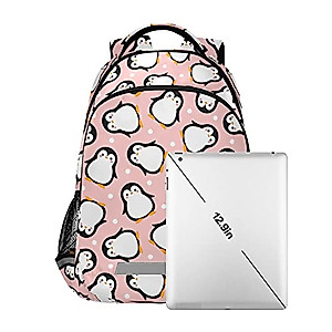 JIPONI Pink Penguin and Polka Dot Backpack For Girls Boys School Kids Bookbag Travel Laptop Backpack Purse Daypack With Chest Strap