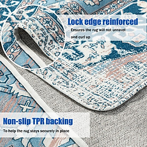 Area Rug 5x7 Washable Boho Vintage Rug with Non Slip Backing Soft Low-Pile Carpet Foldable Mat for Living Room Bedroom Dining Office, Light Blue/White